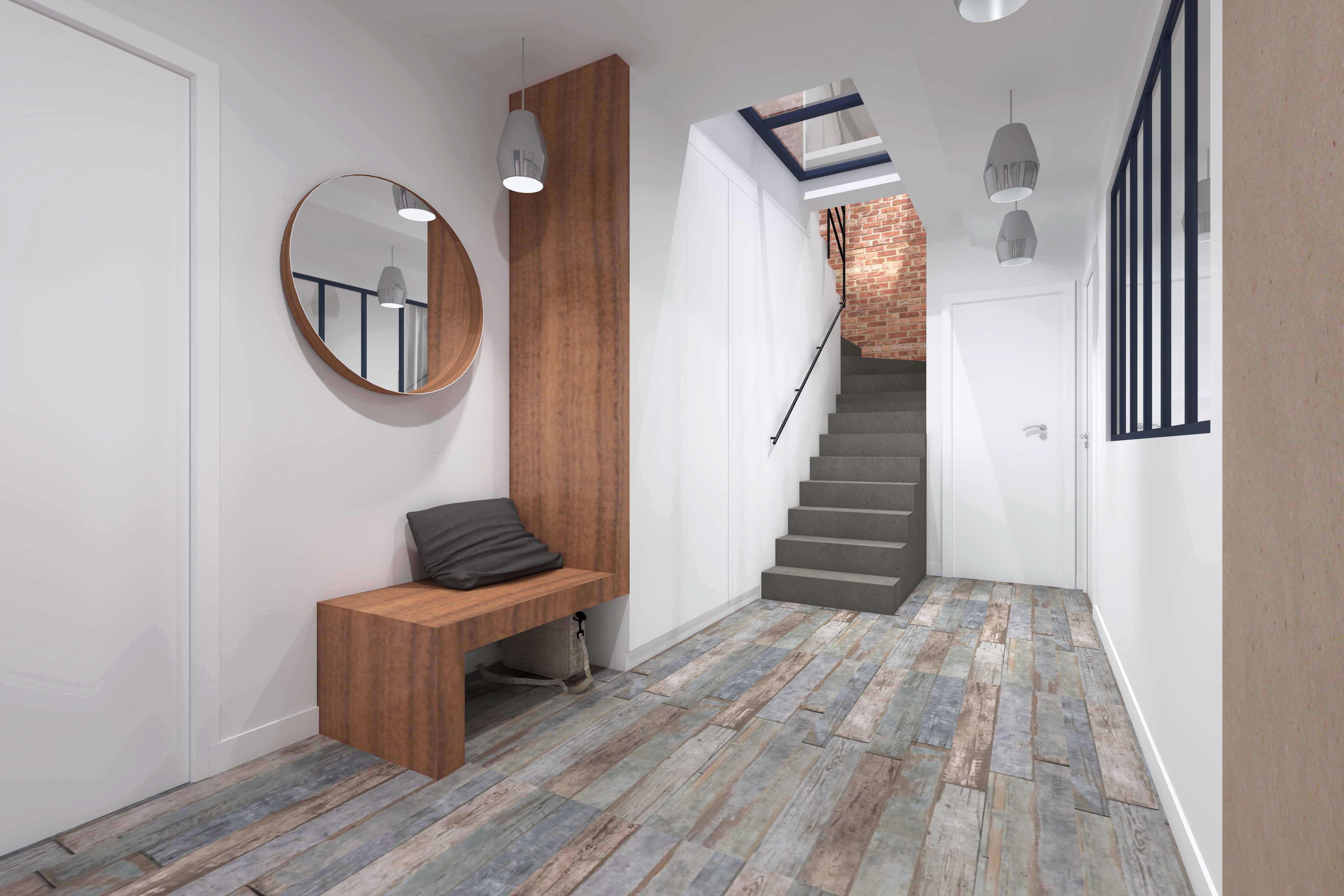 Transformation hangar en loft industriel en duplex avec mur de brique