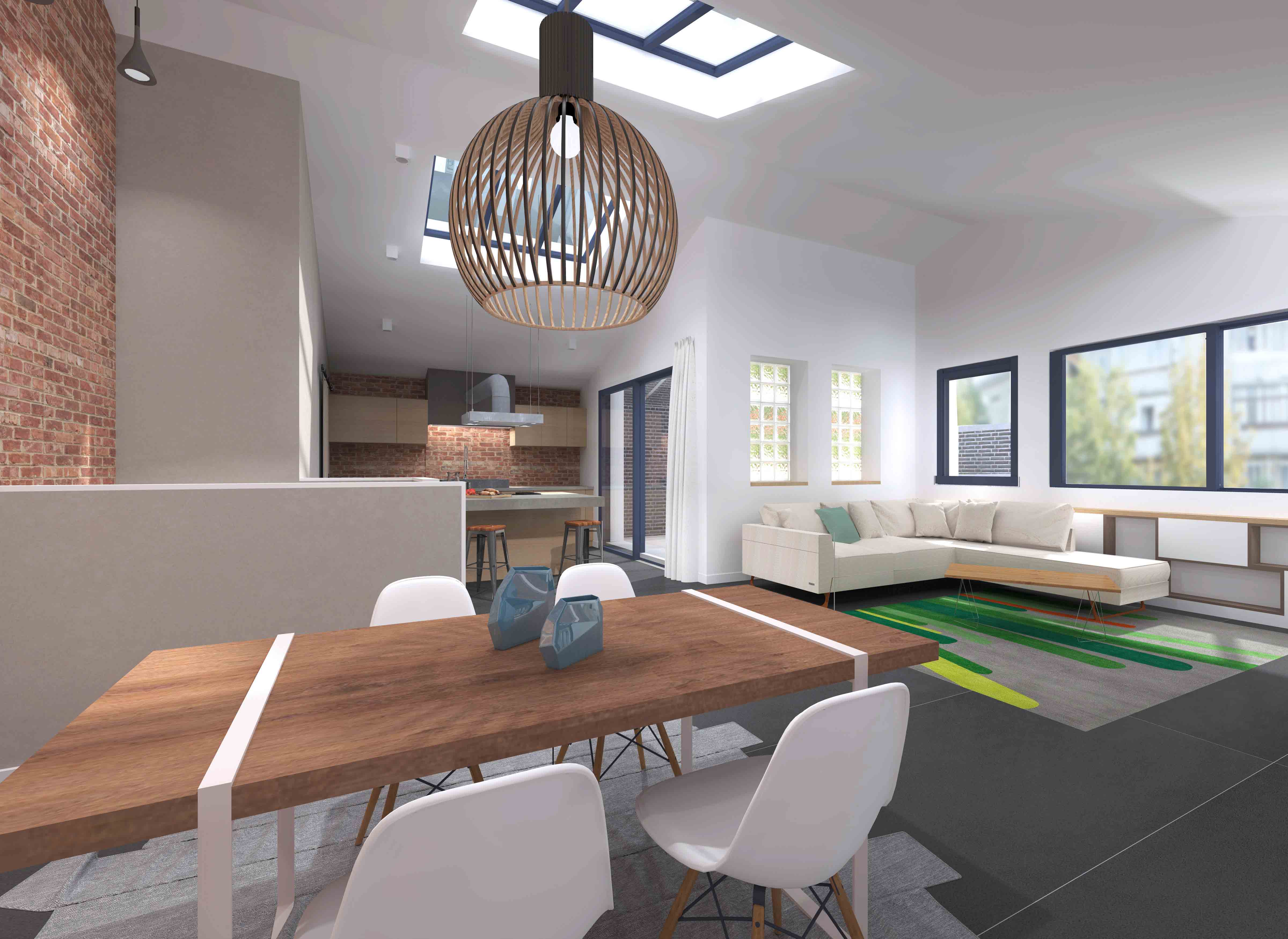 Transformation hangar en loft industriel en duplex avec mur de brique