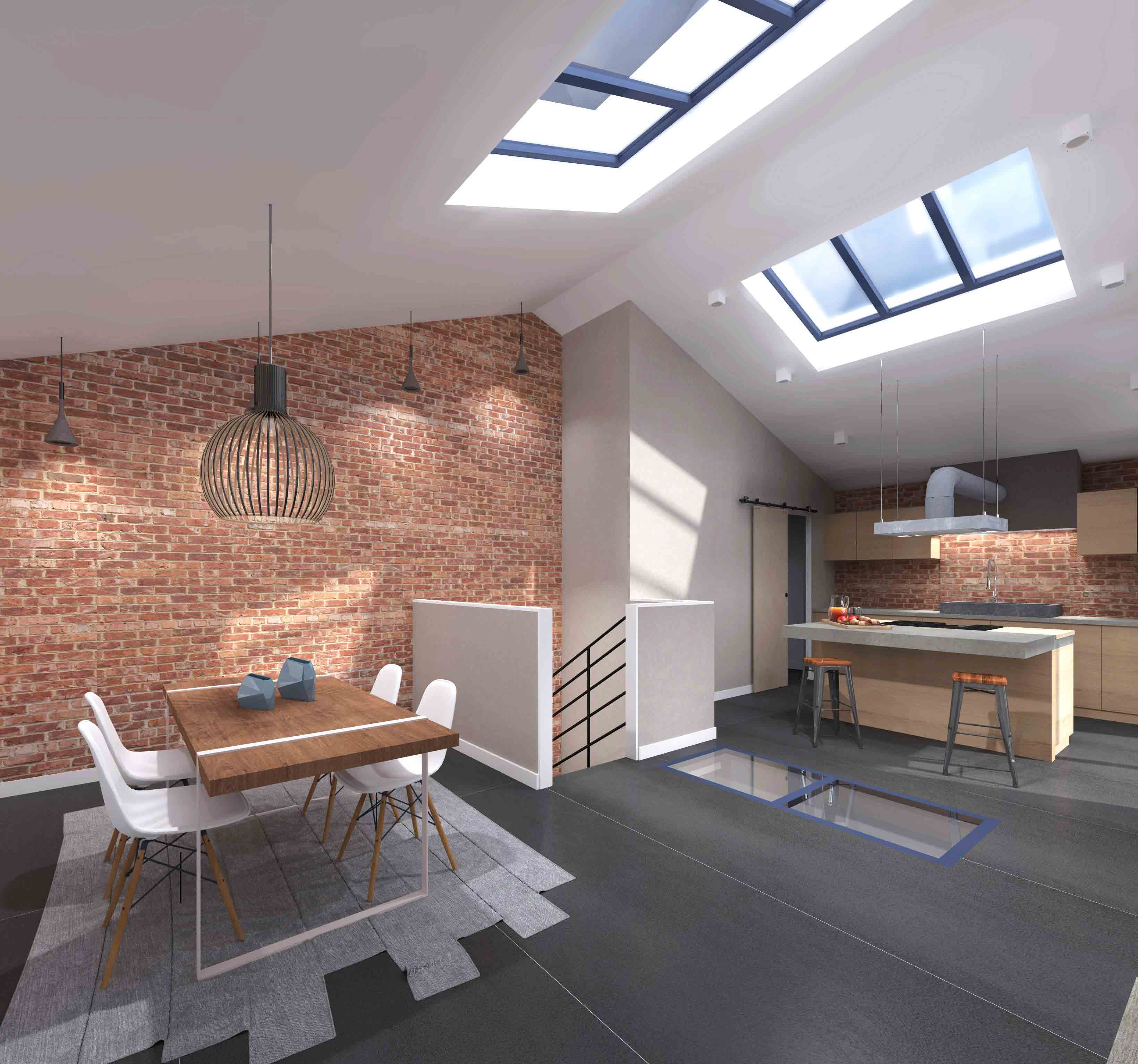 Transformation hangar en loft industriel en duplex avec mur de brique